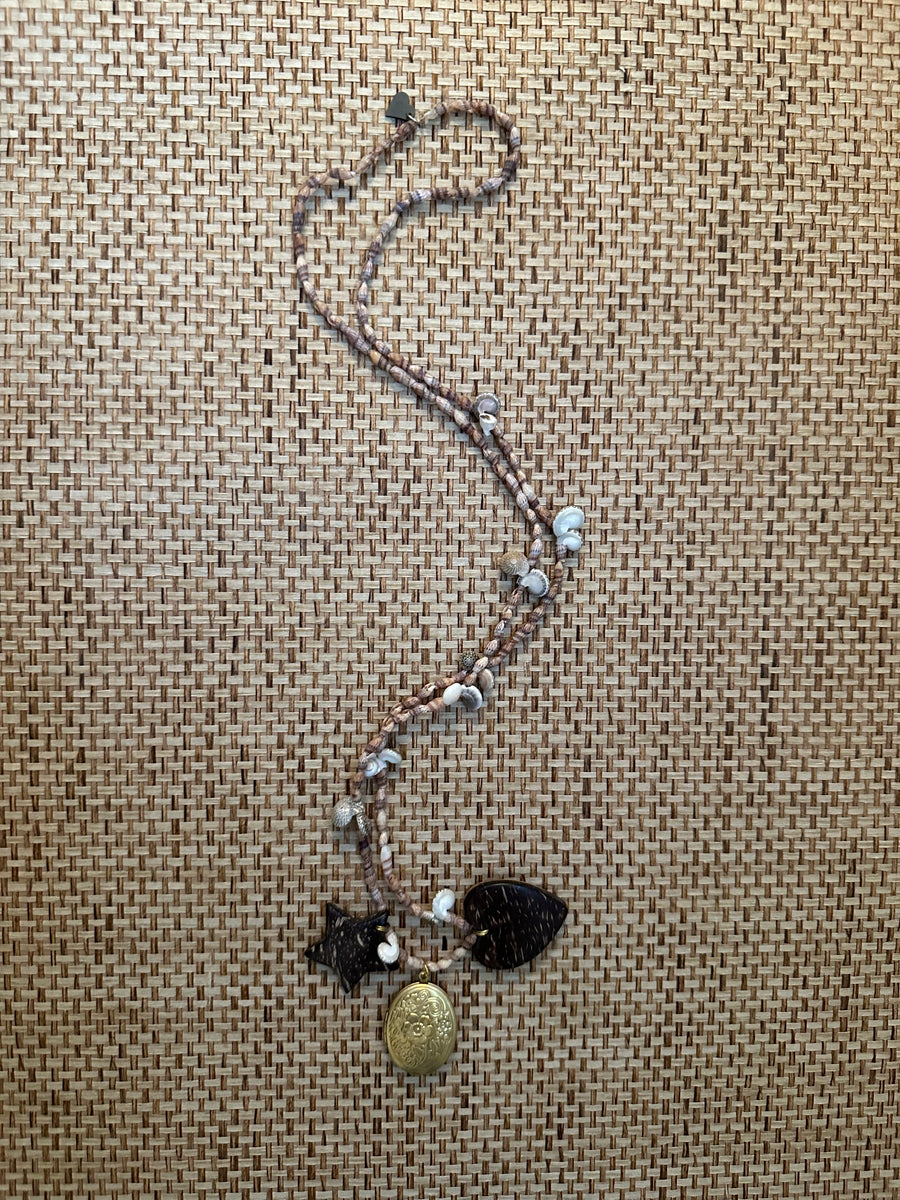 Vintage Seashell, Coconut and Brass Locket Long Necklace - Pre-order S ...